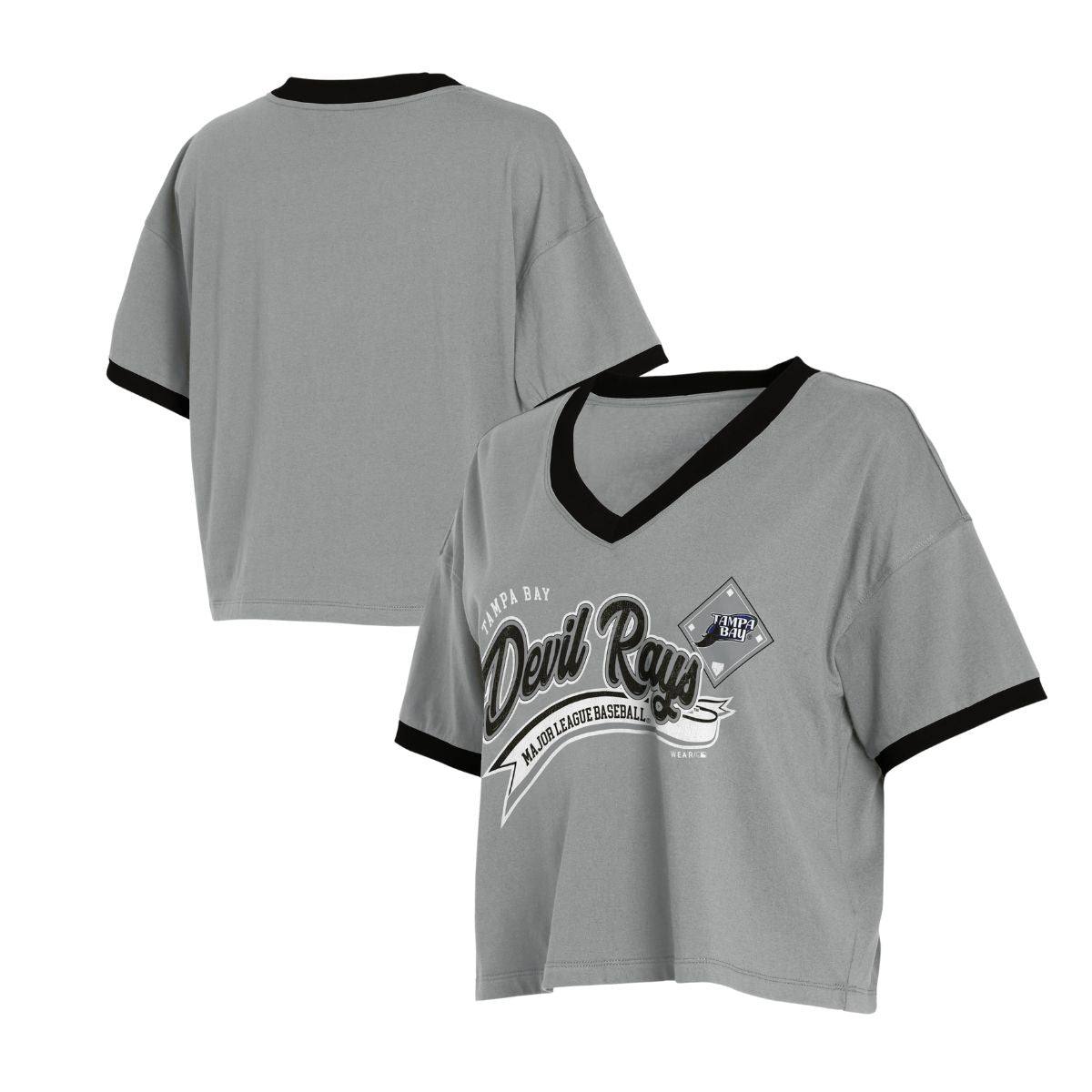 Rays Women's WEAR by Erin Andrews Grey Devil Rays V-Neck Crop T-Shirt ...